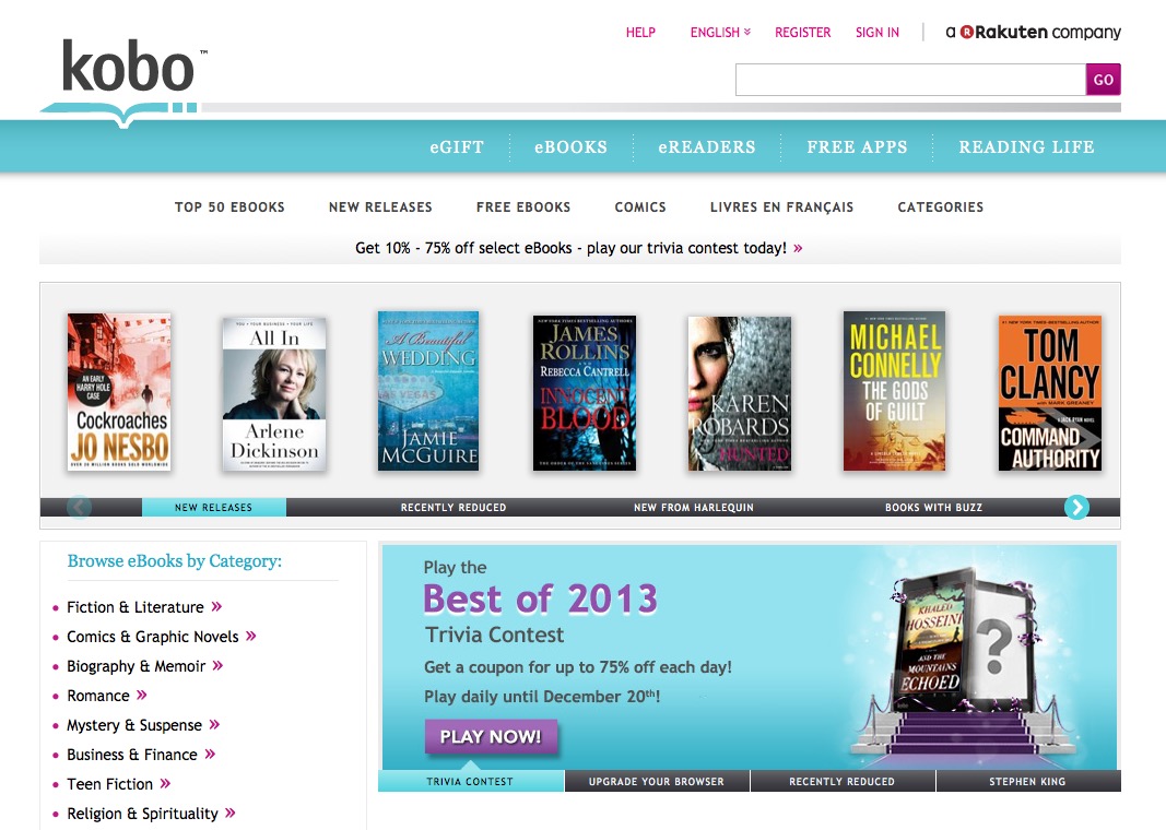 Kobo website – old interface – Ebook Friendly