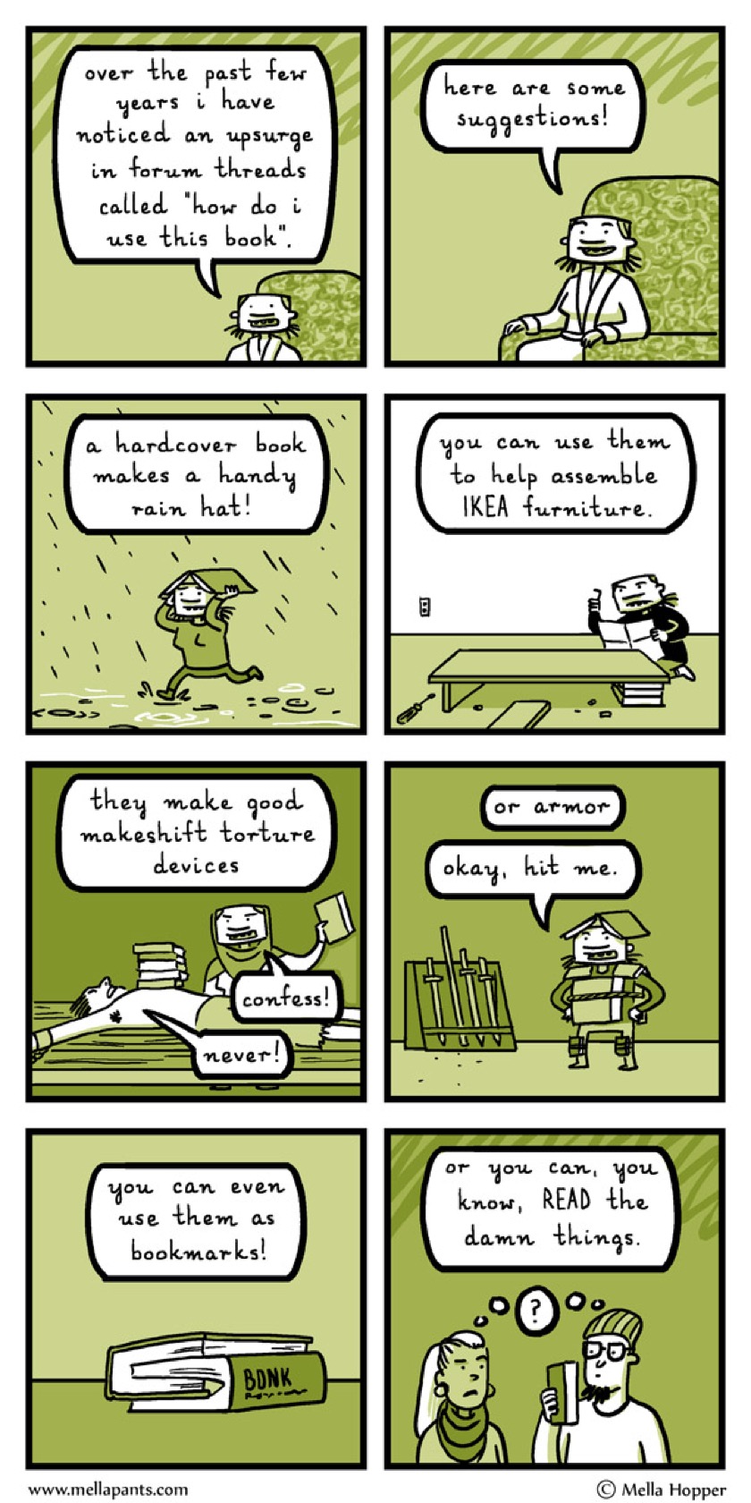 How to use paper books – a cartoon by Mella Hopper – Ebook Friendly