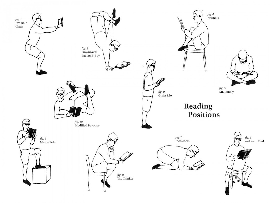 Unusual reading positions – fun chart – Ebook Friendly