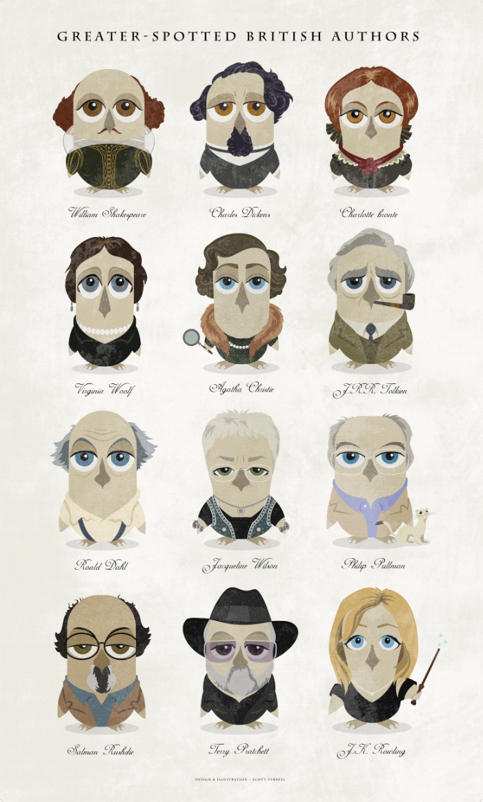 Great authors presented as owls – a collage poster – Ebook Friendly
