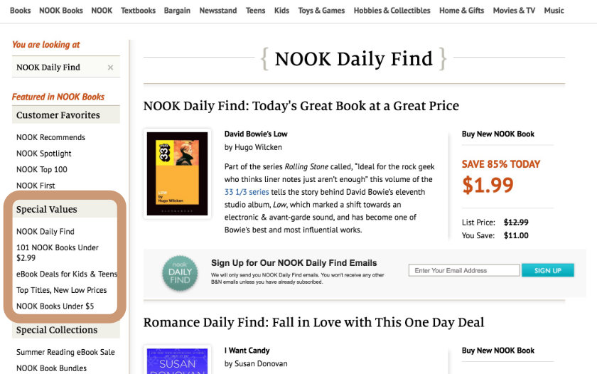 Nook Daily Find landing page lists also other Nook deals – Ebook Friendly
